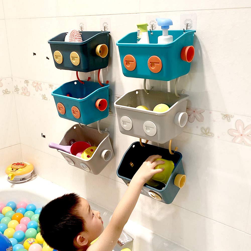 Santouxiang 6-Piece Multicolor Plastic Bath Toy Storage Basket, Wall Mounted Kids Hanging Shower Caddy with Hooks for Shampoo, Bathtub Toys, Kids Bathroom