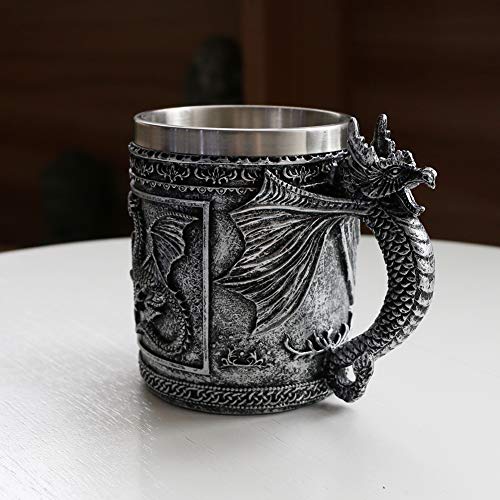 Medieval Roaring Dragon Mug - Dungeons and Dragons Beer Stein Tankard Drink Cup - 14oz Stainless Coffee Mug for GOT Dragon Lovers Collector - Ideal Novelty Gothic Father Day Gift Party Decoration