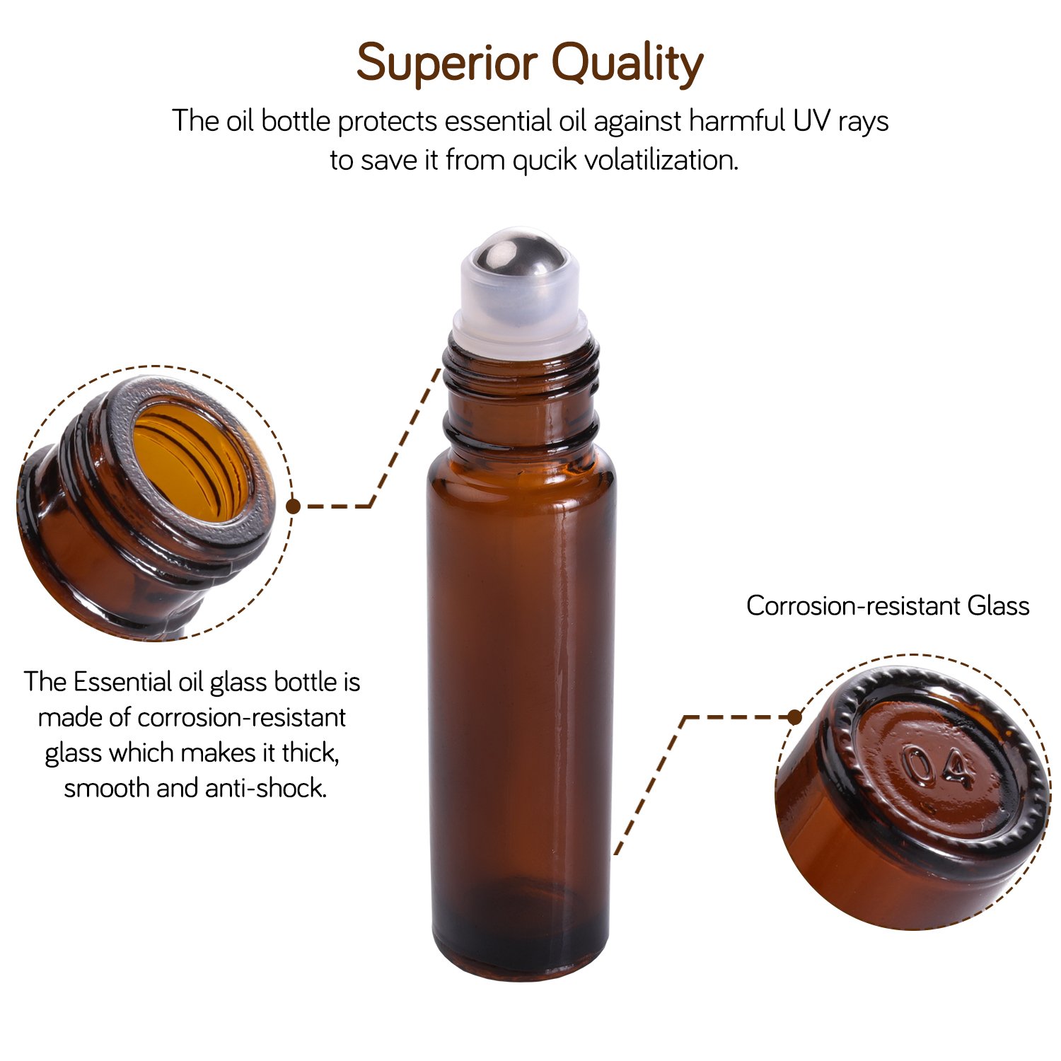 PrettyCare Roller bottles for oils 10ml (Amber Glass, 24 pack, 4 Extra Stainless Steel Balls, 48 Labels, Openers, 2 Funnels, 2 Droppers Roller Balls For Essential Oil Roller Bottles