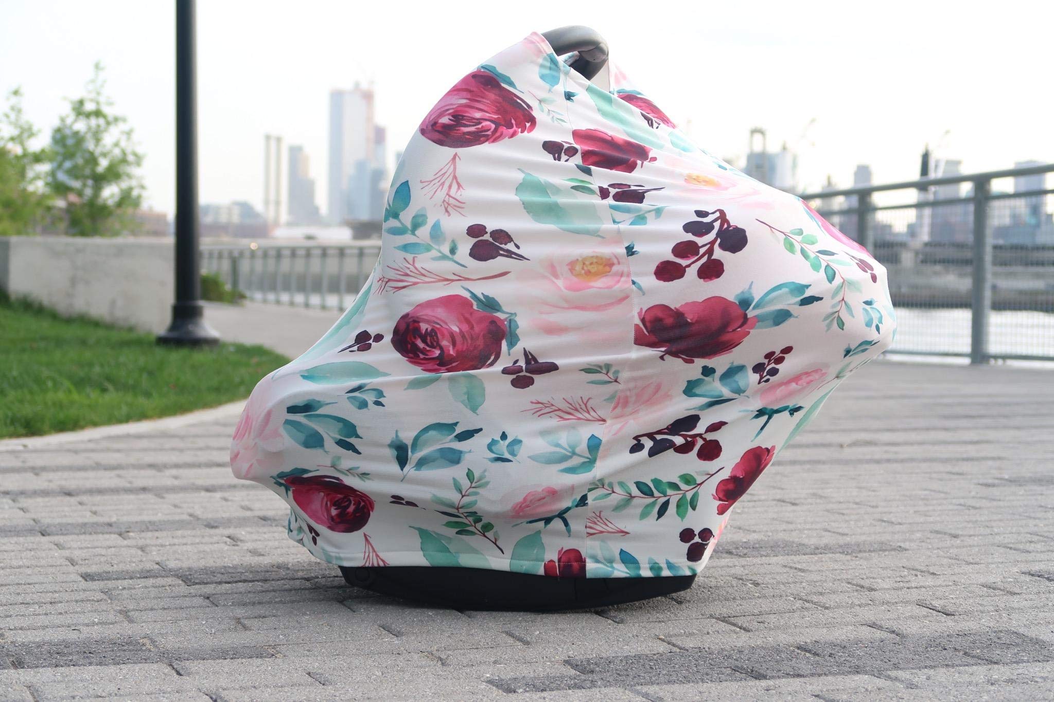 Baby Carseat Cover with Carrying Pouch Nursing/Breastfeeding 3 in 1 Multi-Use Extra Soft Floral Car Seat Canopy Baby Shower/New Moms and Dads