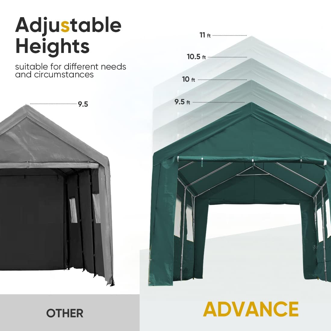 ADVANCE OUTDOOR 12x20 ft Heavy Duty Adjustable Carport with 6 Roll-up Ventilated Windows & Removable Sidewalls Car Canopy Garage Boat Shelter Party Tent, Peak Height from 9.5ft to 11ft, Green