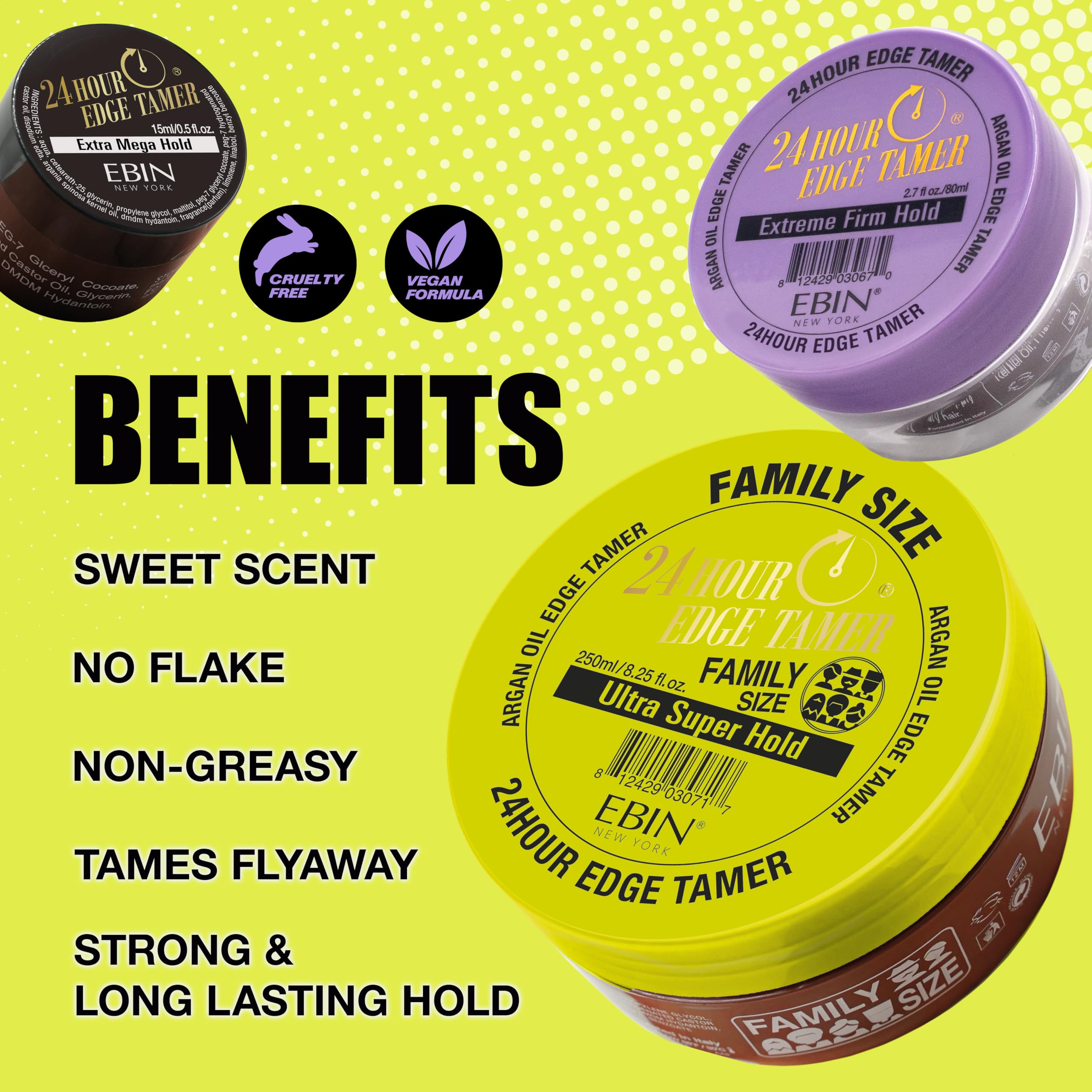 EBIN NEW YORK 24 Hour Edge Tamer - Extreme Firm Hold (2.7oz/ 80ml) - No Flaking, White Residue, Shine and Smooth texture with Argan Oil and Castor Oil