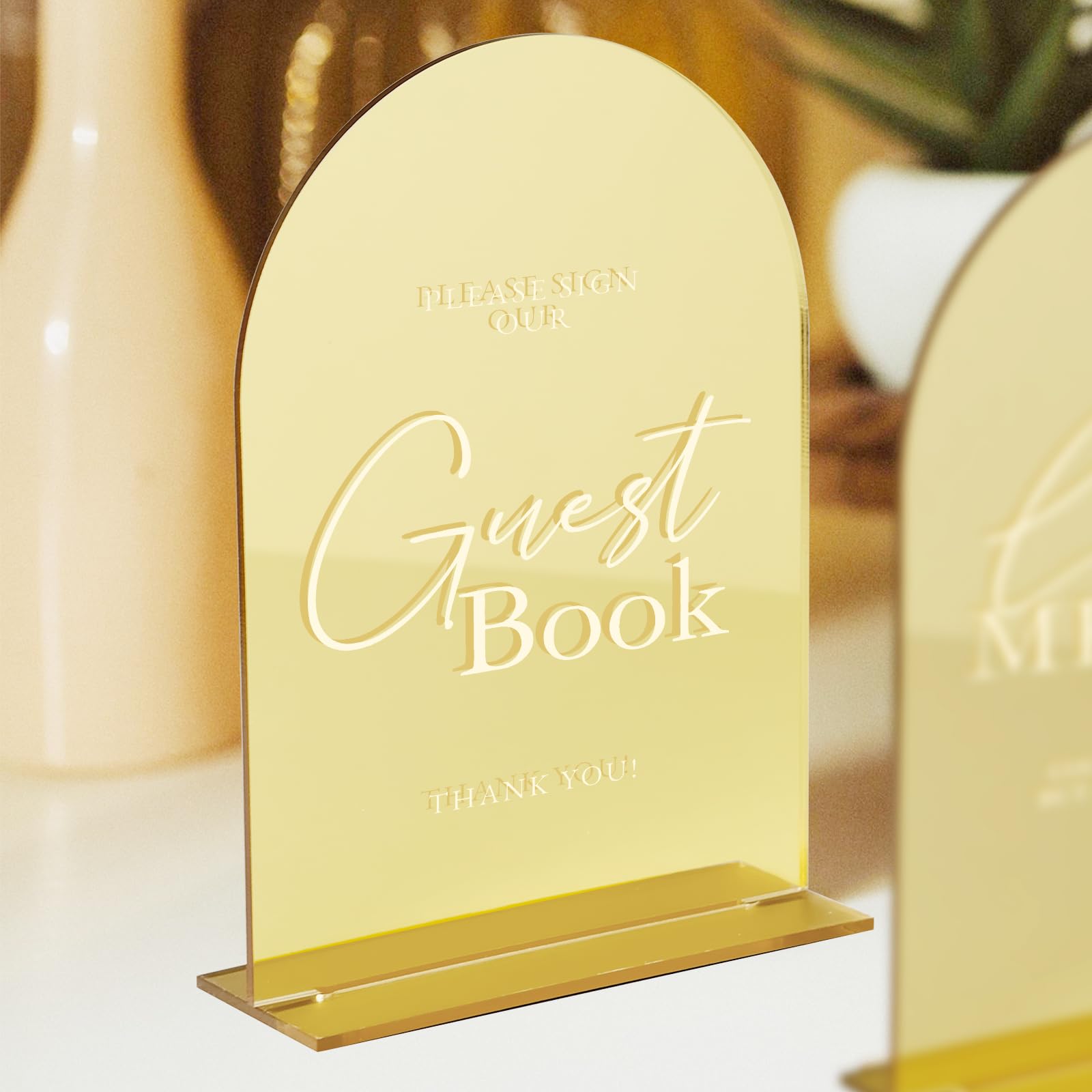 Acrylic Wedding Sign with Stand- 5"x7" Gold Mirror Arch Acrylic Guest Book Sign and Base,1/8" Thick | Modern Calligraphy White Lettering Acrylic Arch Sign for Wedding Reception & Party