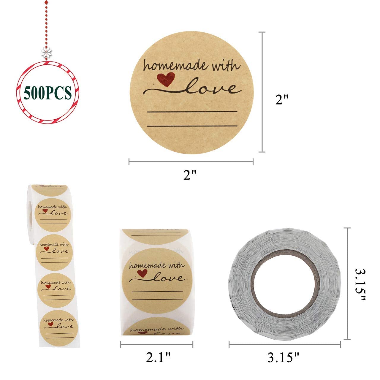 Lpraer 500Pcs 2" Homemade with Love Stickers with Lines for Writing, Adhesive Canning Labels for Jars, Baked Packaging, Cookie Bags, Fudge Containers
