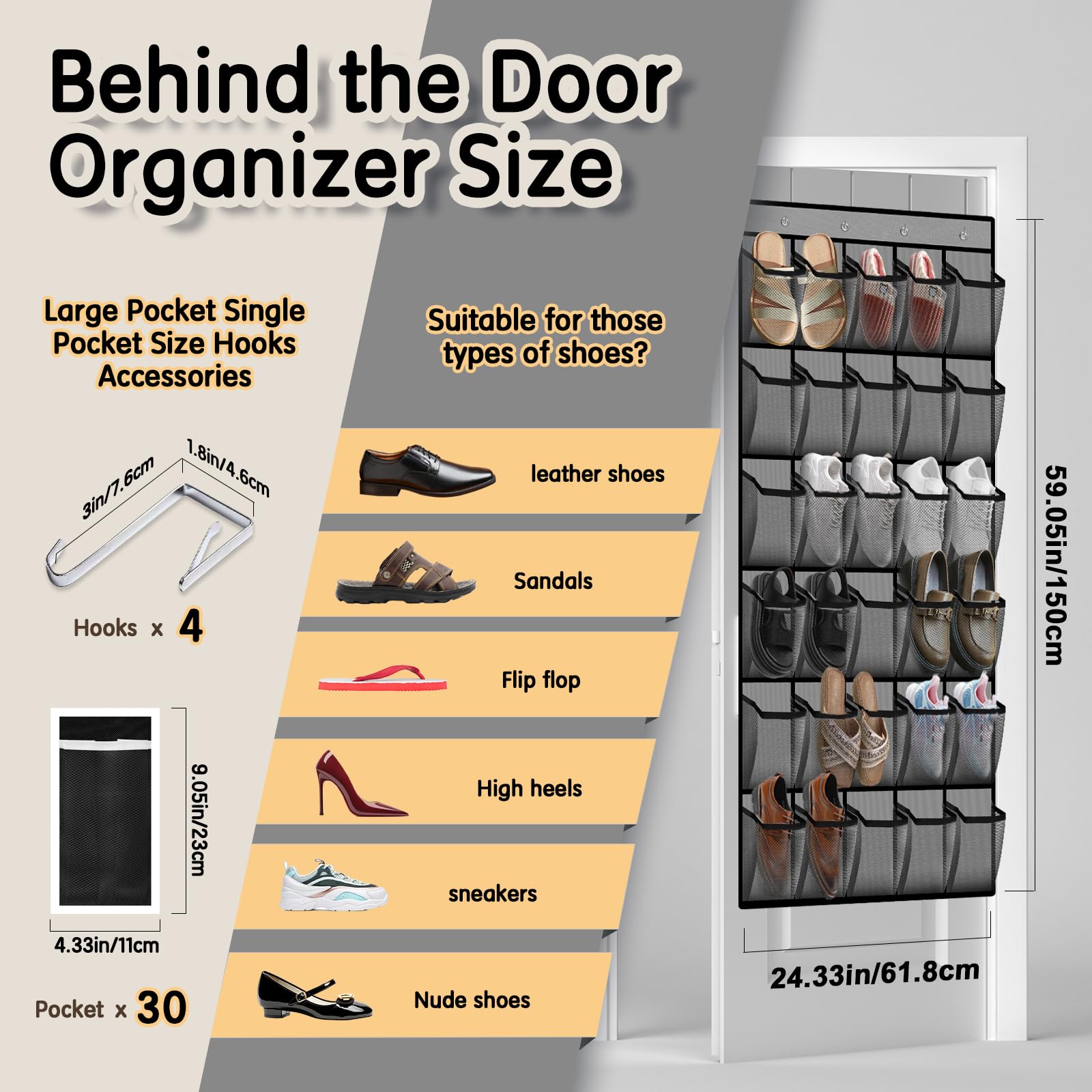 30 Compartment Breathable Mesh Pocket Over the Door Hanging Shoe Organizer, Closet Shoe Organizer, Large Men's and Women's Shoe Organizer, Hanging Over the Door Shoe Organizer (Gray)