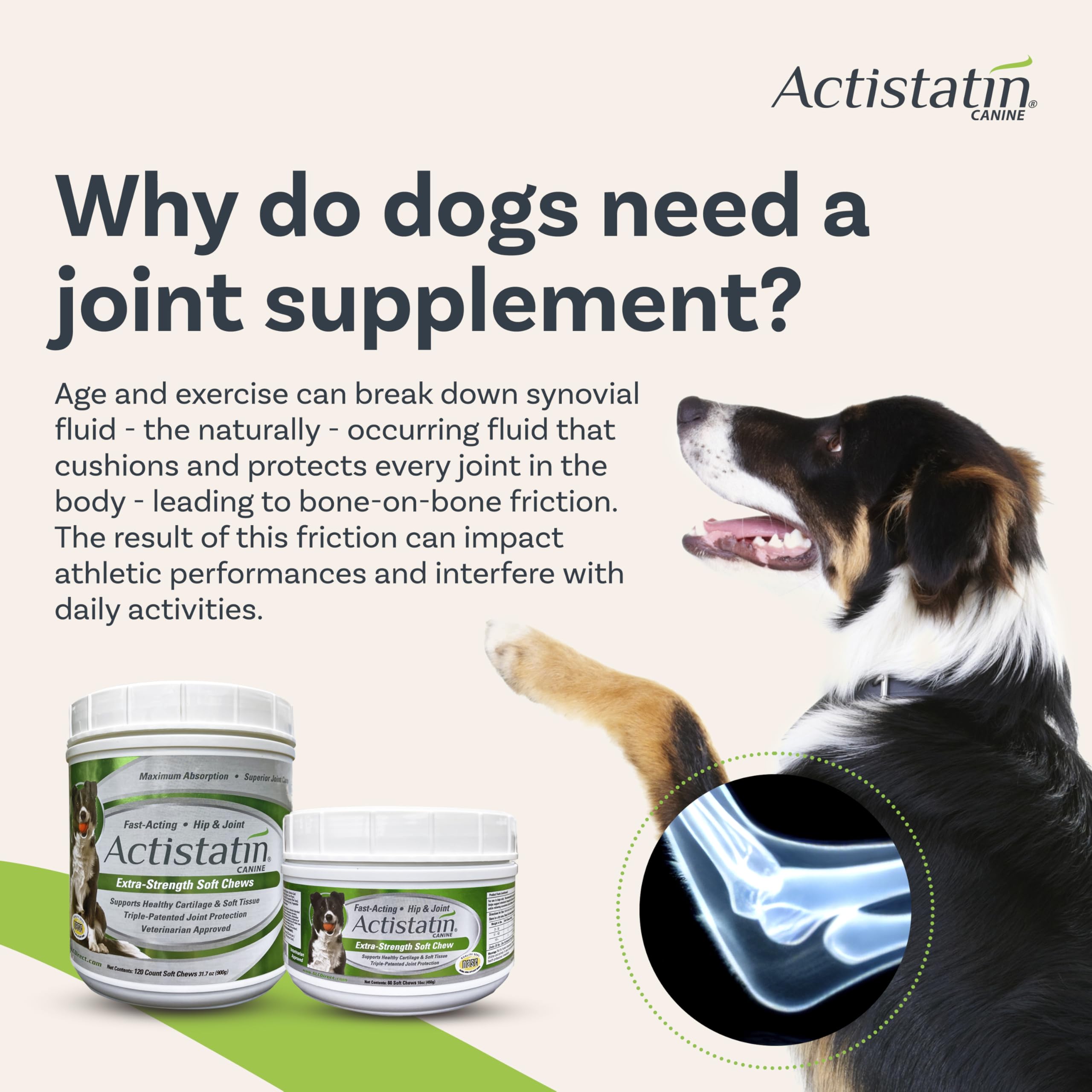 Actistatin Canine Large Dog Soft Chews, 120ct β Patented Extra-Strength Joint, Cartilage, Soft Tissue Supplement: Glucosamine, Chondroitin, Manganese, MSM, L-Carnitine β High Absorption, Fast Results