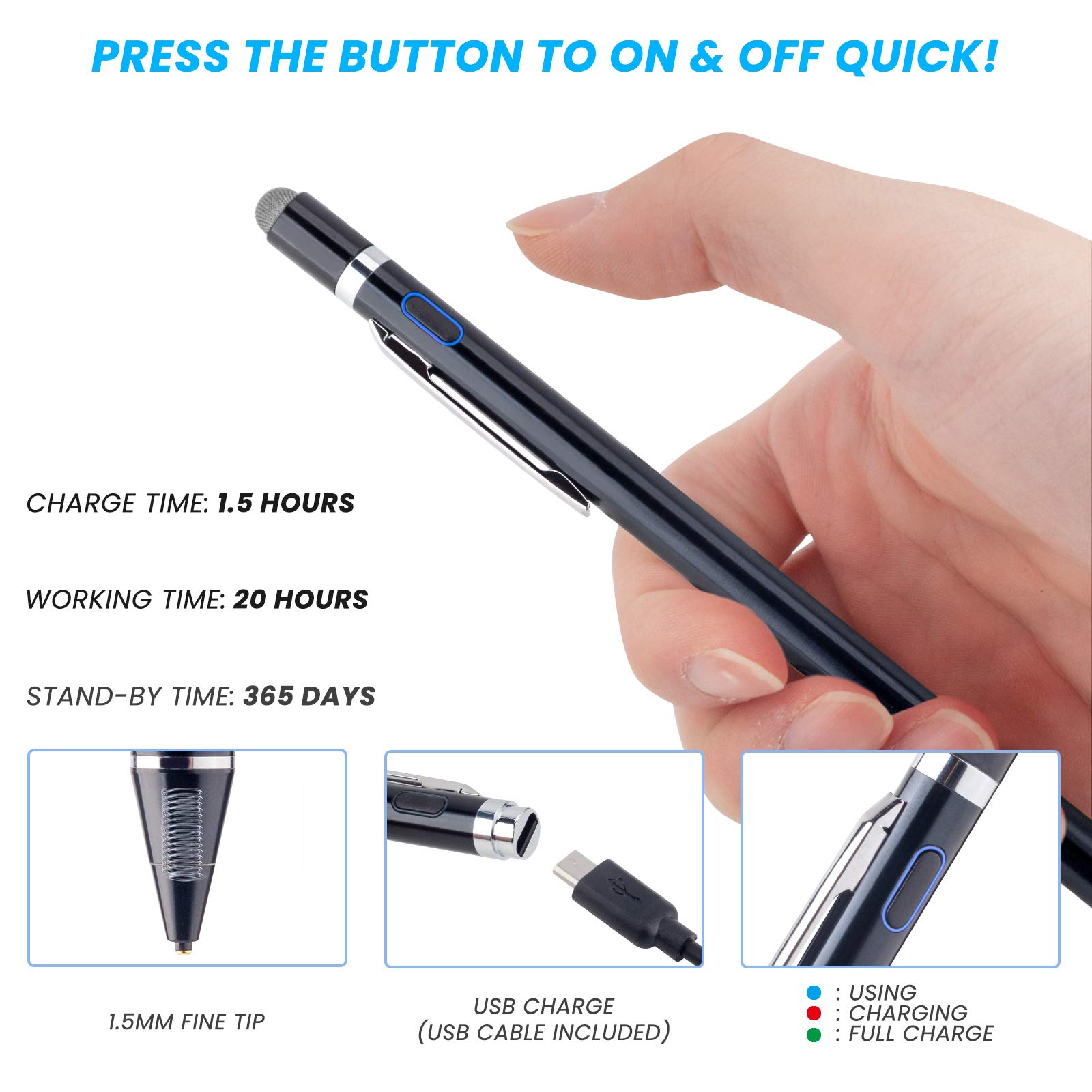 Stylus for Dell 2 in 1 Laptop Pen, EDIVIA Digital Pencil with 1.5mm Ultra Fine Tip Penicl for Dell 2 in 1 Laptop Stylus, Black