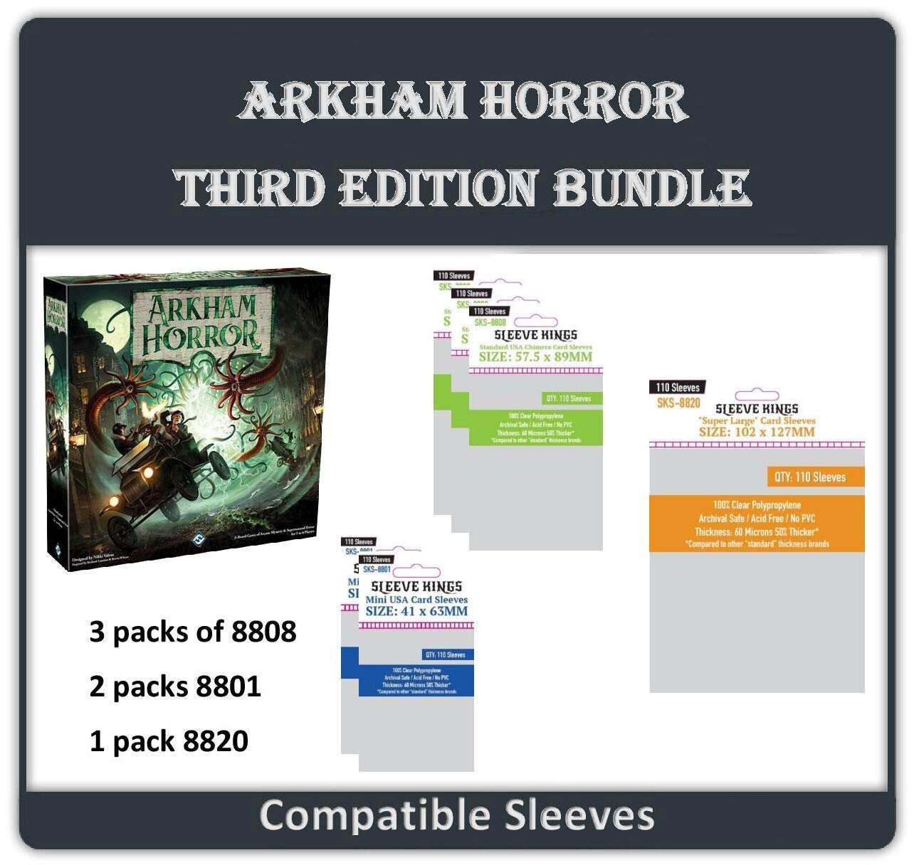 Arkham Horror Third Edition Compatible Sleeve Bundle (8808 X 3 + 8802 X 2 + 8820 X 1)