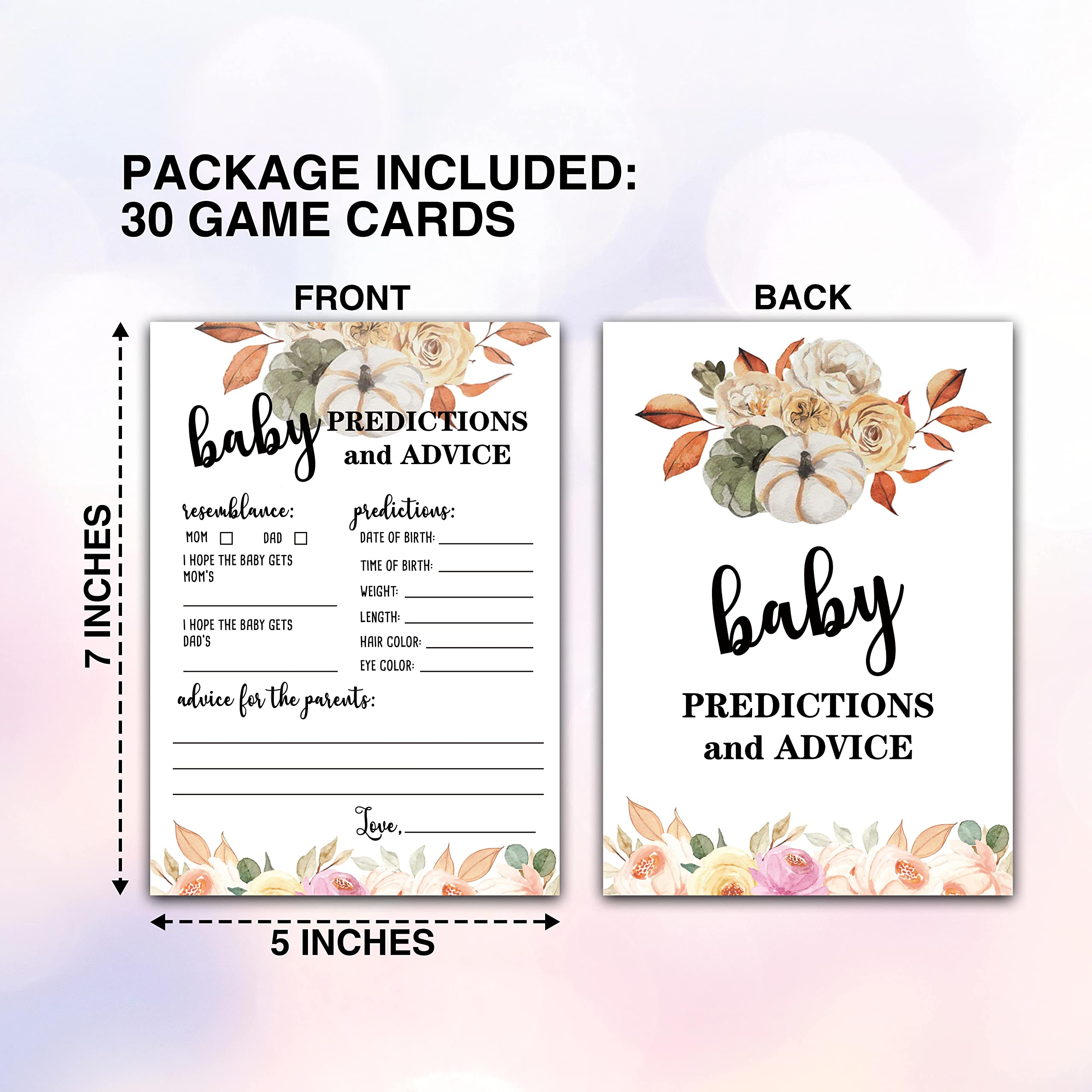 30 Double Side Baby Prediction And Advice Game Cards, Floral Pumpkin Thanksgiving Day Baby Shower Game Cards - 5" x 7"(01)