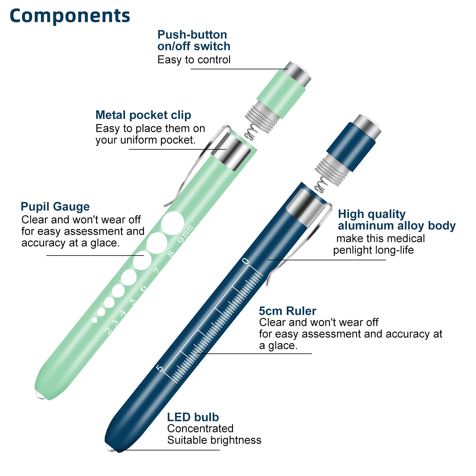 Pen Lights for Nurses Doctors, Opoway Medical EMT EMS Penlight with Pupil Gauge, Reusable LED Pen Light Flashlight for Physician Clinical Eye Exam Nursing Students Veterinary with Batteries Green&Blue