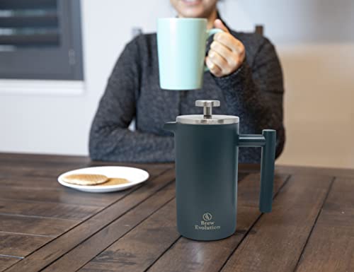 Brew Evolution 20 oz Stainless Steel French Press Coffee Maker | Double Walled Insulated Coffee & Tea Brewer Pot & Maker | Keeps Brewed Coffee or Tea Hot | 600 ml, Hawaiian Blue