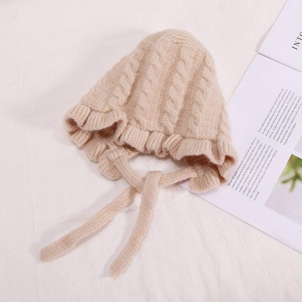 Baby Girl Earflap Bonnet Cap Infant Toddler Ruffle Knit Beanie Pilot Hat Beige