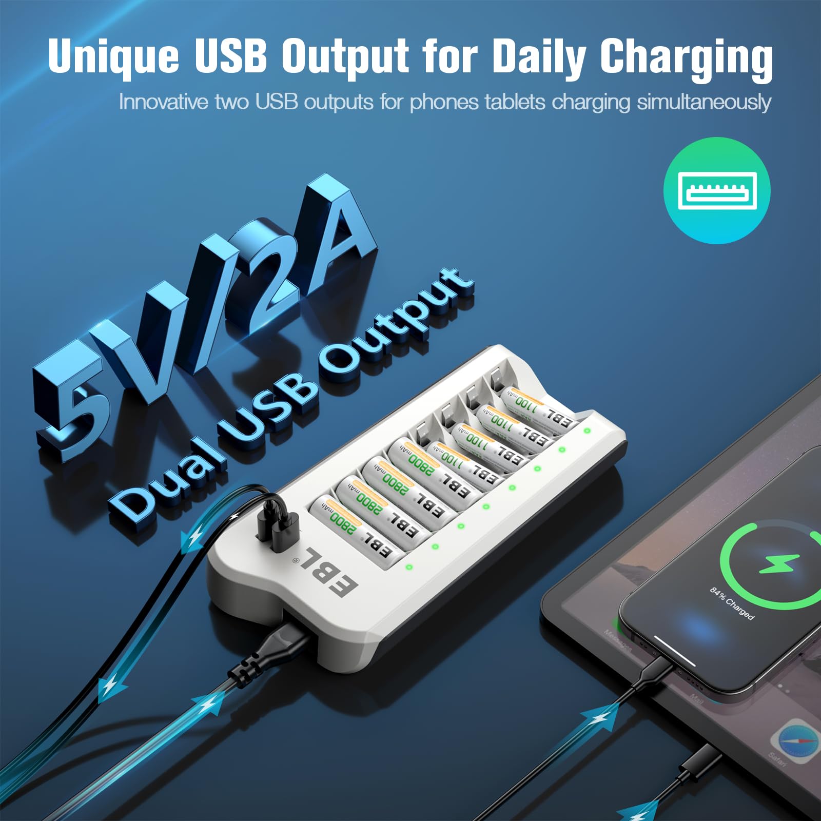 EBL Battery Charger with AA AAA Batteries - 8Bay Battery Charger and 4pcs AA Rechargeable Batteries 2800mAh & 4pcs AAA Battery NiMh Battery