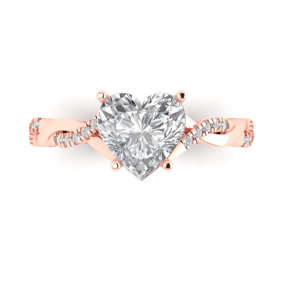 2.1 Ct Brilliant Heart Cut Clear Simulated Diamond 14K Rose Gold Solitaire with Accents Engagement Promise Bridal Ring Size 7