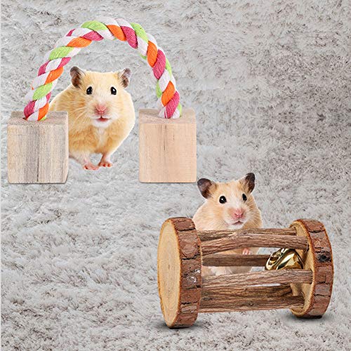 Hamster Toys, Natural Wooden Chew Playing Toy with Dumbbells Bell Roller Seesaw for Guinea Pig Chinchilla Parrot Rat Bunny to Playing and Protecting Teeth