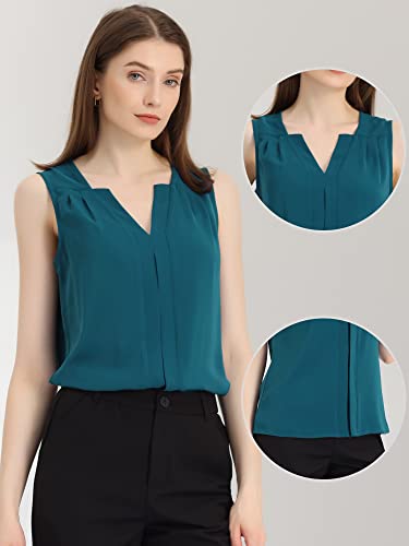 Allegra K Sleeveless Work Top for Women's Elegant Pleated Chiffon V Neck Blouse Shirt Large Peacock Blue