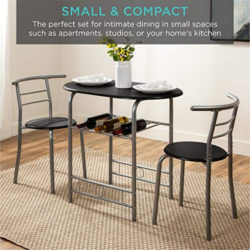 Best Choice Products 3-Piece Wooden Round Table & Chair Set for Kitchen, Dining Room, Compact Space w/Steel Frame, Built-in Wine Rack - Black/Silver