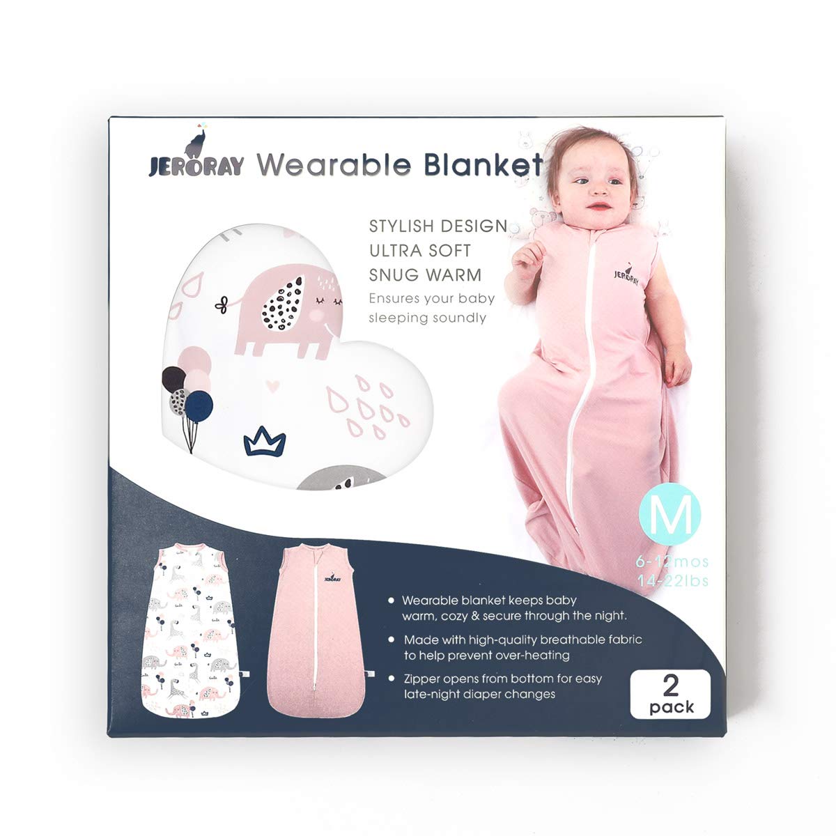 Jeroray Wearable Blanket-Stretchy Sleeping Bag,(12-18 Months) TOG 1.0,2-Pack,2 Way Zipper,Unisex,Elephant&Solid Dusty Rose,Large