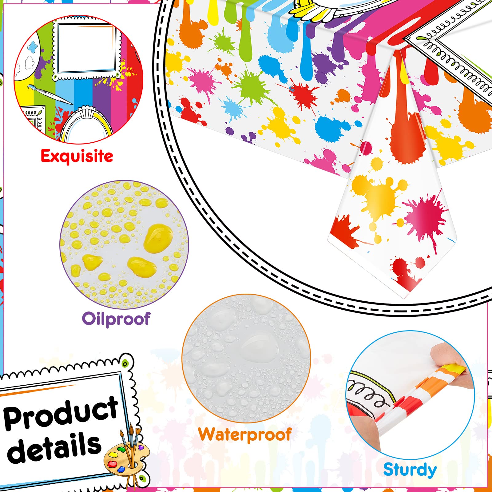 Art Party Decorations Paint Party Tablecloth Paint Party Supplies Creative Paint Theme Table Cloth Printing Art Party Table Cloth Machine Washable Tablecloth for Decor (3 Pieces)
