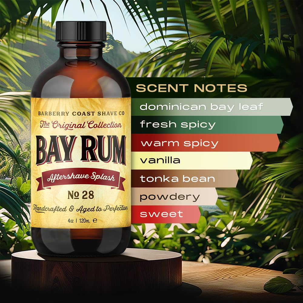 Bay Rum Aftershave Splash for Men - Crafted with Authentic Bay Oils from Dominica Republic in the Virgin Islands - Natural and Pure Ingredients - 4oz. - from Barberry Coast Shave Co.