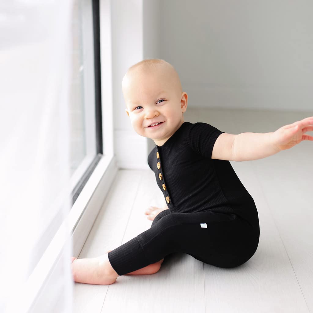 Posh Peanut Baby Rompers Pajamas - Newborn Sleepers Unisex Clothes - Kids One Piece PJ - Soft Viscose from Bamboo (Solid Ribbed Black, 6-9 Months)