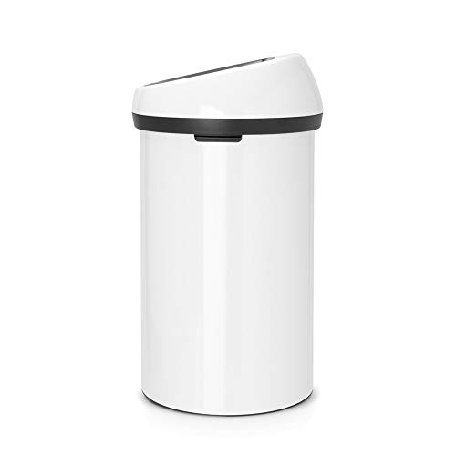 Brabantia 16 Gallon Large Kitchen Touch Top Trash Can (White) Removable Lid, Soft-Touch Open Garbage Can