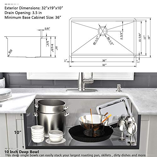 32 Undermount Kitchen Sink Stainless Steel- VASOYO 32x19 Inch Undermount Workstation Kitchen Sink 16 Gauge 10 Inch Deep Stainless Steel Single Bowl Kitchen Sink with Cutting Board