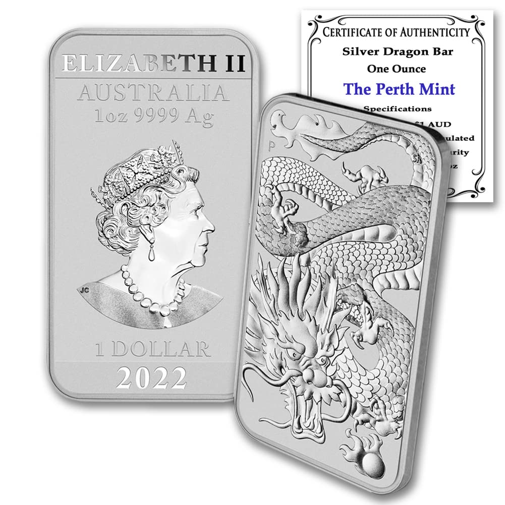 2022 P AU Lot of (5) 1 oz Australian Silver Dragon Rectangular Bar Coins Brilliant Uncirculated (BU) with Certificates of Authenticity $1 Mint State