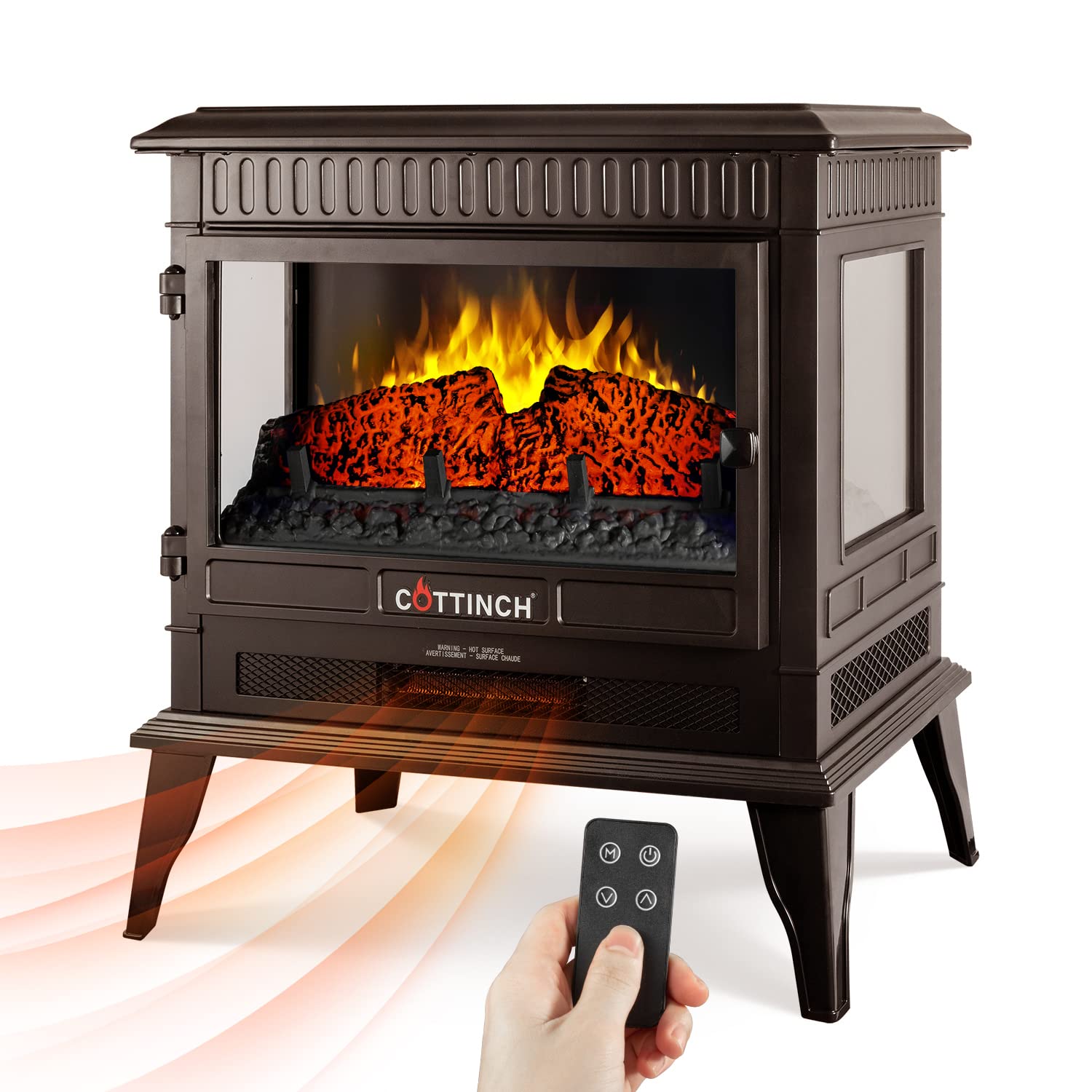 25 inch Electric Fireplace Heater Portable for Indoor, Living Room, Large Room, Logs with Lights, Fireplace Heater 3D Flame Effects Adjustable Brightness Remote Control 1400W Brwon