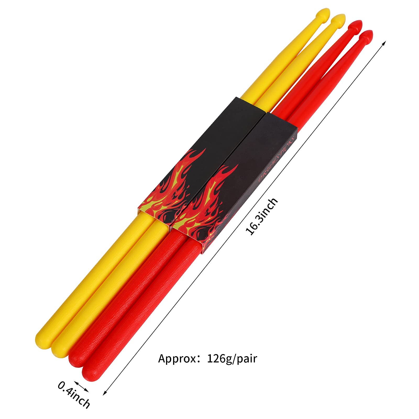2 Pairs 5A Nylon Drumsticks for Adults Kids Light Durable Plastic Drum Sticks Set with Non-Slip Handles Professional Musical Instrument Percussion Accessories (Red & Yellow)