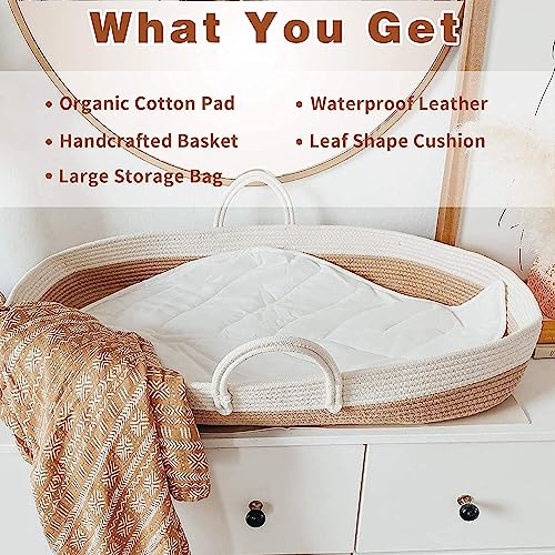 Baby Changing Basket, Portable Cotton Moses Basket for Babies, Nursery Set with Waterproof Leather Pad,Thick Diaper Changing Pad, Leaf Shape Cushion,Storage Bag, Cotton Rope, Changing Table Topper