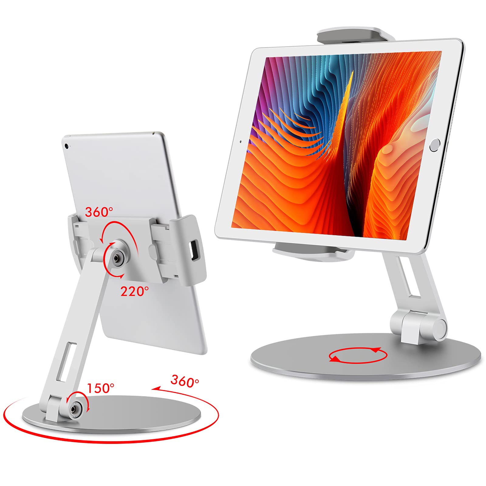 Viozon Tablet Stand and Holders with Adjustable Range and Height Aluminum Stand Compatible with iPad/iPad pro/ipad Mini/Cellphone/Kindle Desk Holder fits 3.5-13inches, 360° Swivel Adjustable Base