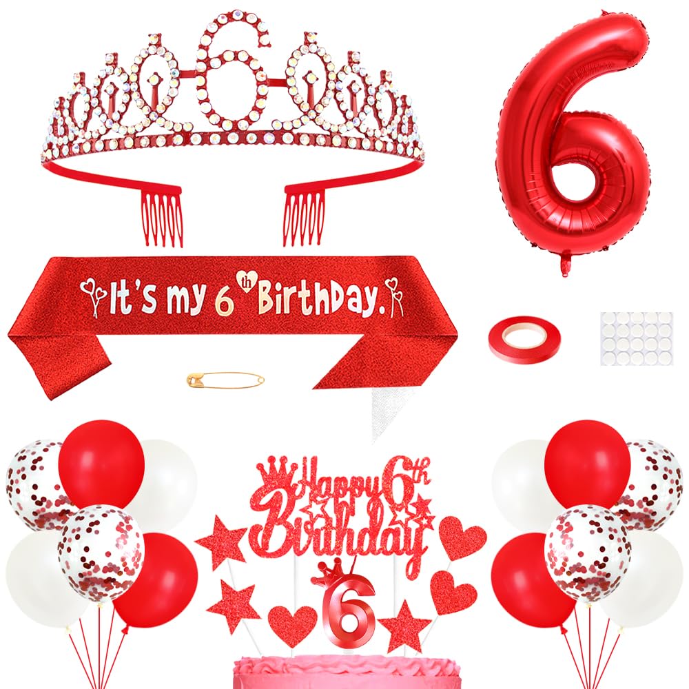6th Birthday Decorations for Girls, Birthday Princess Crown Queen Tiara, It's My 6th Birthday Sash, 6 Year old Birthday Cake Topper, Number Candles Balloons Set for Birthday Party Supplies, Red