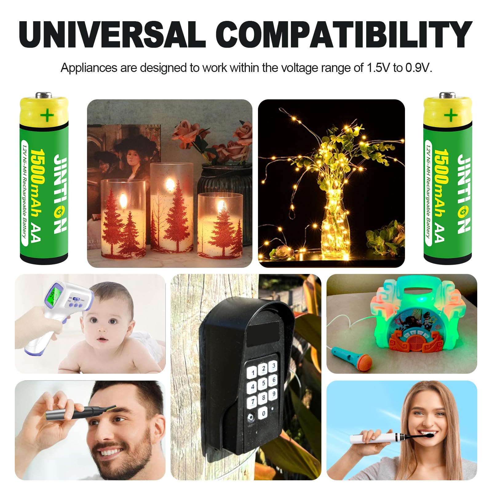 JINTION AA Rechargeable Batteries, Double A Ni-MH High Capacity 1.2V 1500mAh Pre-Charged AA Solar Battery for Solar Lights String Lights Remotes Toys, 4 Pack