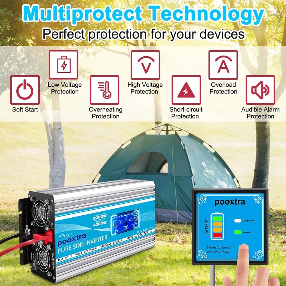2000 Watt Pure Sine Wave Inverter 12v to AC 110v with 4AC Power Outlets,Remote Control,2 Cooling Fans + LCD Display & USB Port for Home RV Emergency to Use(4000 watt Peak Power)