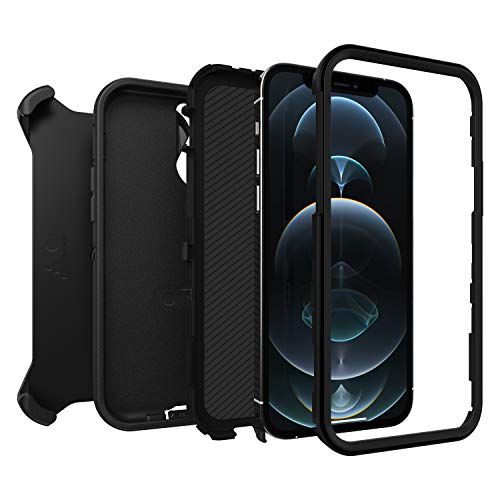 OtterBox iPhone 12 and 12 Pro Defender Series Case - Single Unit Ships in Polybag, Ideal for Business Customers - BLACK, rugged & durable, with port protection, includes holster clip kickstand