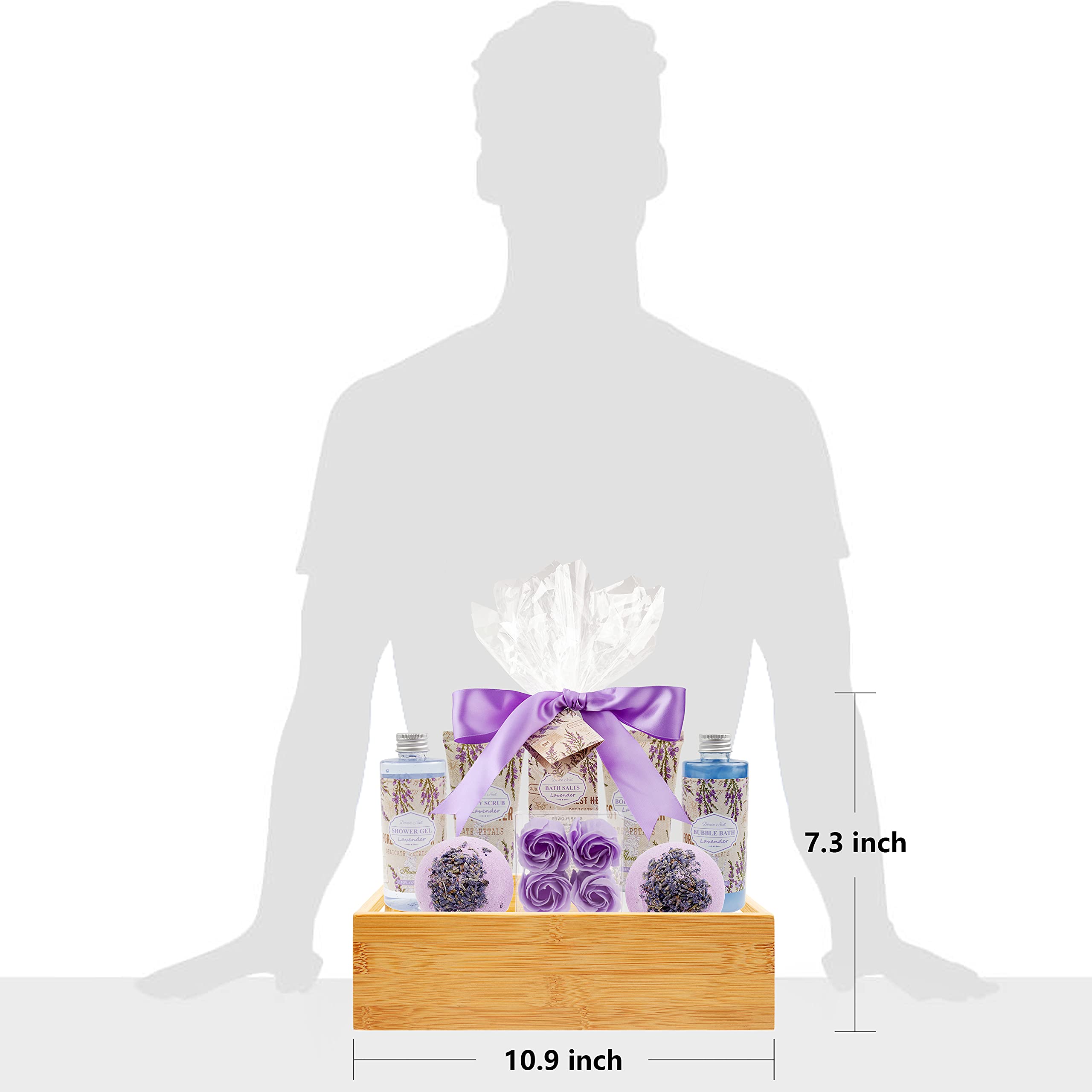 Luxury Spa Gift Baskets for Women in Lavender Essential, Christmas Birthday Gifts for Mom, 18pcs Bath Body Home Spa for Pampering Self Care with Bubble Bath Lotion Massager Roller Loofah scrubber