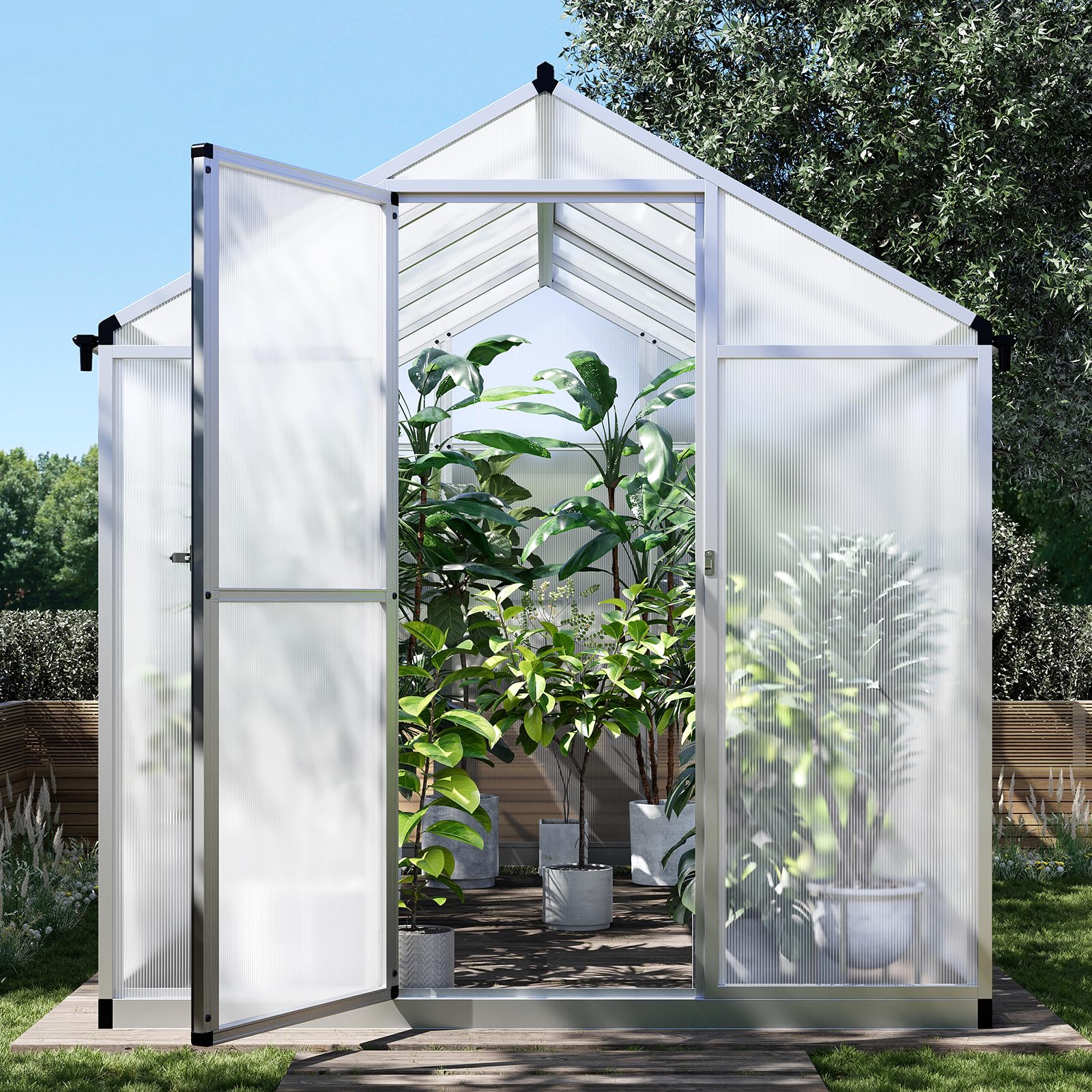 6x10 FT Greenhouse for Outdoors, Polycarbonate Greenhouse with Quick Setup Structure and Roof Vent, Aluminum Large Walk-in Greenhouse for Outside Garden Backyard, Silver
