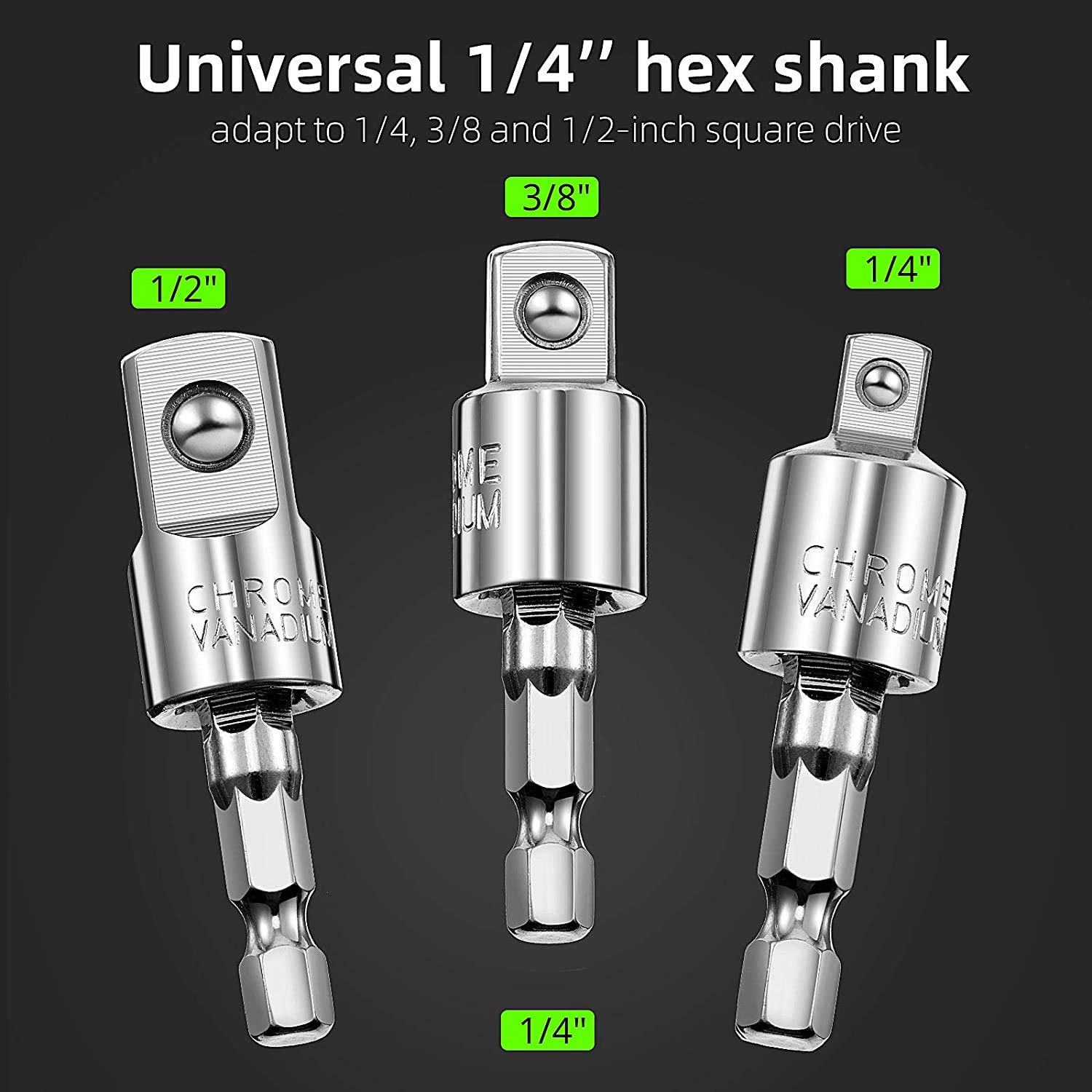 3 Pcs Power Drill Sockets Adapter Sets,360°Rotatable Hex Shank Impact Driver Socket Adapter 1/4" 3/8" 1/2" Impact Driver Adapter and 1Pcs Right Angle Drill 105 Degree Right Angle Screwdriver set Drill