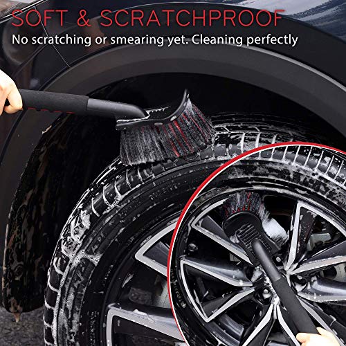 TAKAVU Long Handle Wheel Tire Body Brush, 17.5” Car Wash Brush for Easy Scrubbing, Durable Premium Soft Bristle, Cleans Dirty Tires & Releases Dirt and Road Grime