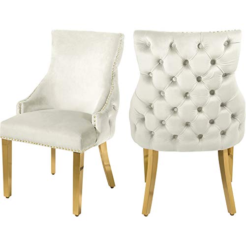 Meridian Furniture Collection Modern | Contemporary Velvet Upholstered Dining Chair with Tufted Back and Gold Sturdy Stainless Steel Legs, Set of 2, 24" W x 25.5" D x 37.5" H, Cream