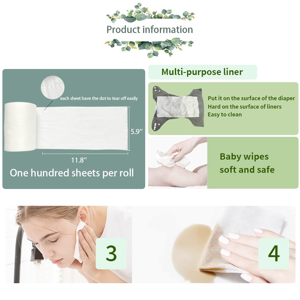 LVBB 100% Bamboo Biodegradable Rayon Cloth Diaper Liners Disposable, Gentle and Soft Bamboo Diaper Liners, Fragance Free and Chlorine Free Disposable Diaper Liners,White,100 Count/Roll (Pack of 4)