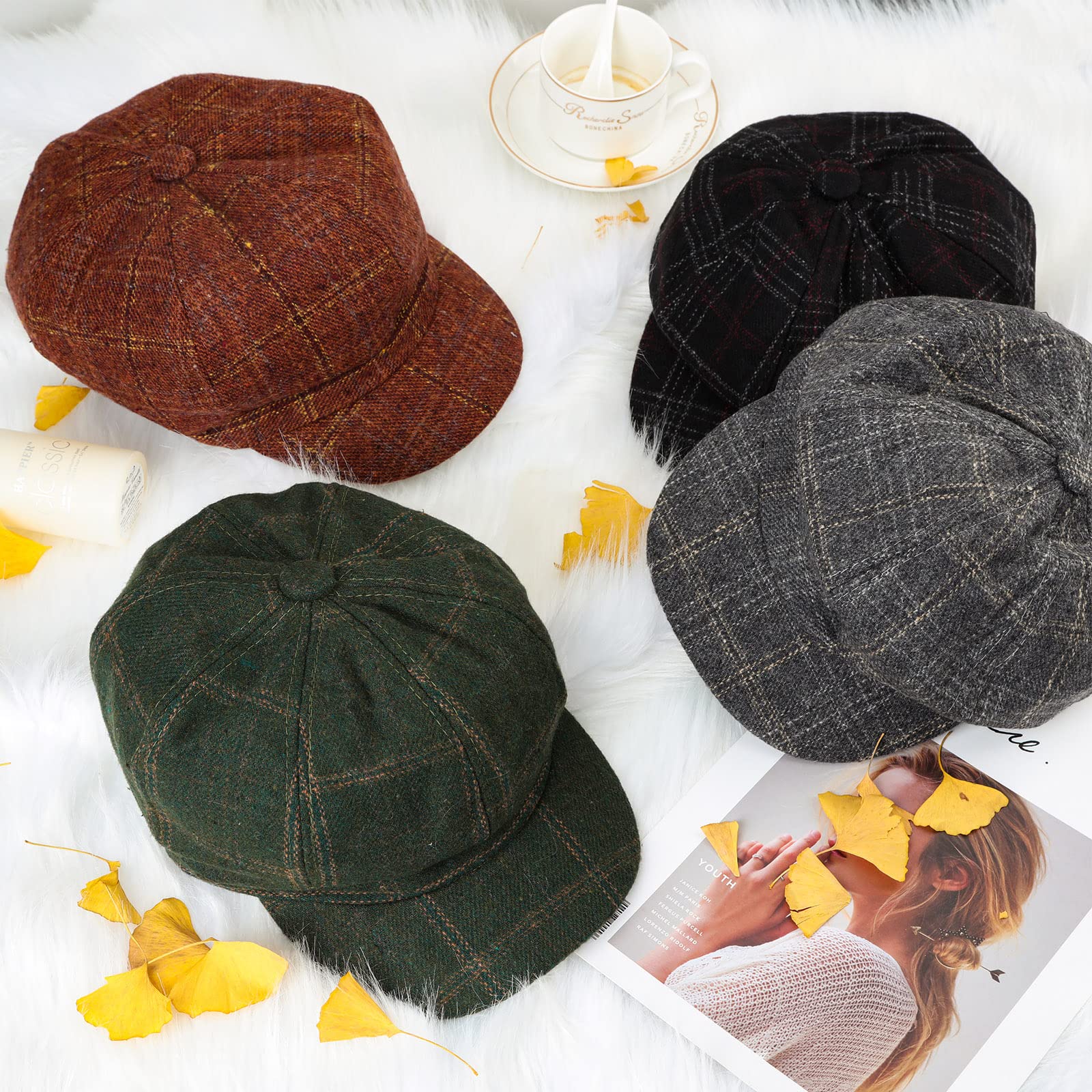 4 Pcs Women's Newsboy Hats Beret Cap All Match Girl's Cap Adjustable Octagonal Plaid Green Cap for Autumn Spring Winter