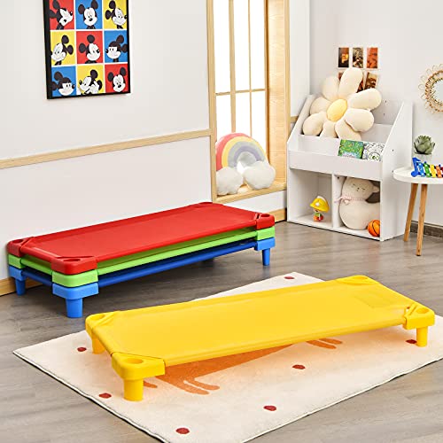 Costzon Daycare Cots for Kids, Pack of 4, 51β L x 23β W Stackable Nap Cots with Easy Lift Corners, Ready-to-Assemble, Preschool Classroom Daycare Beds for Sleeping, Resting, Naptime (Multicolor)