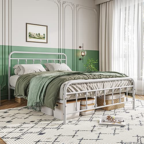 Elegant Home Products Vintage Queen Size Bed Frame with Headboard and Footboard Mattress Heavy Duty Metal Platform Bed Frame Steel Slat Support (Queen, White)