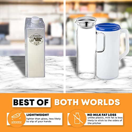 Breast Milk Pitcher for fridge - 3PACK 17oz Breast milk storing containers w/ 10pcs breastfeeding stickers for adults | Acrylic Milk carton water bottles | breastmilk storage bottle formula pitcher
