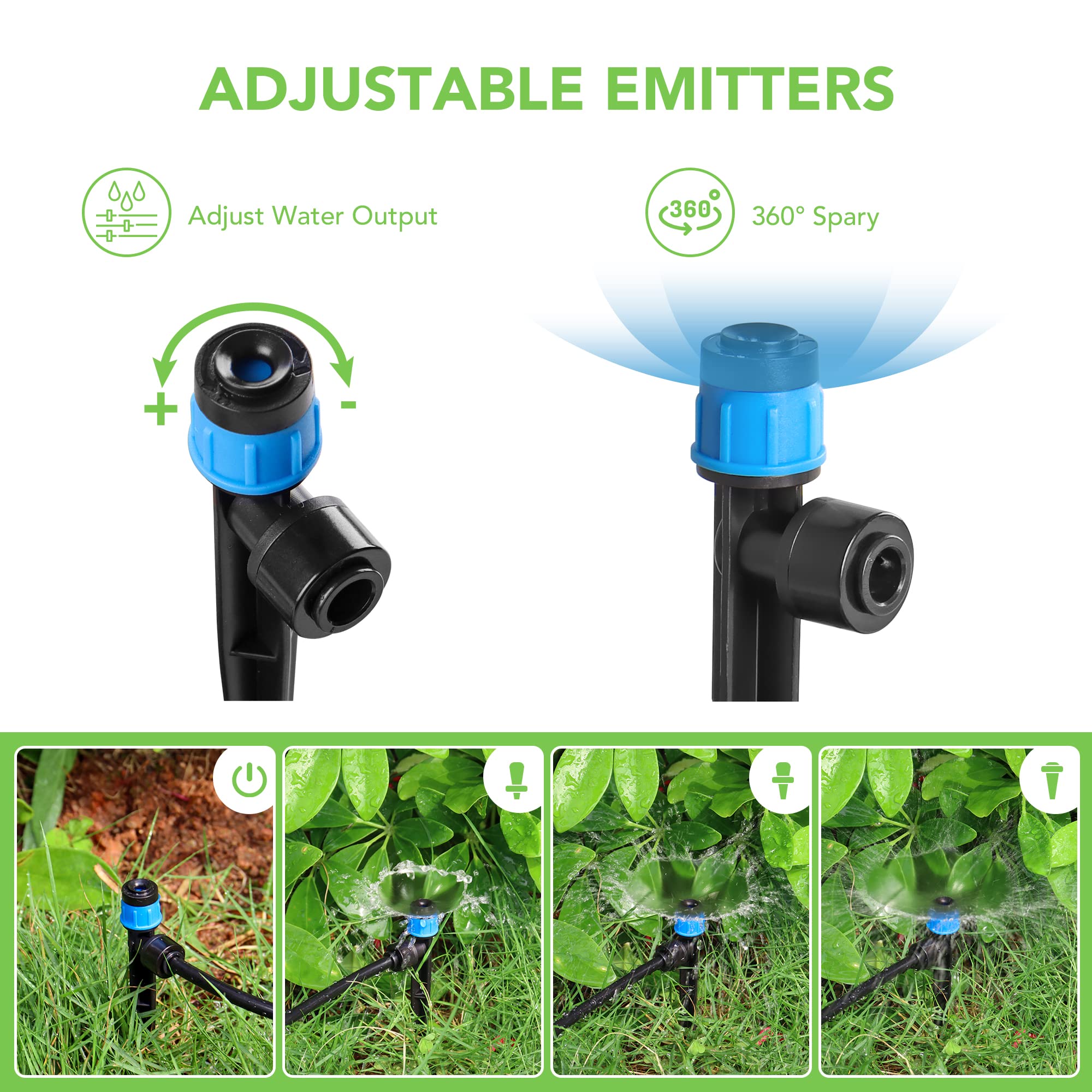 30PCS Easy-Connect Drip Irrigation Emitters Fan Shape for 1/4 inch Irrigation Tubing, Adjustable Water Flow Drip Emitters with Stake