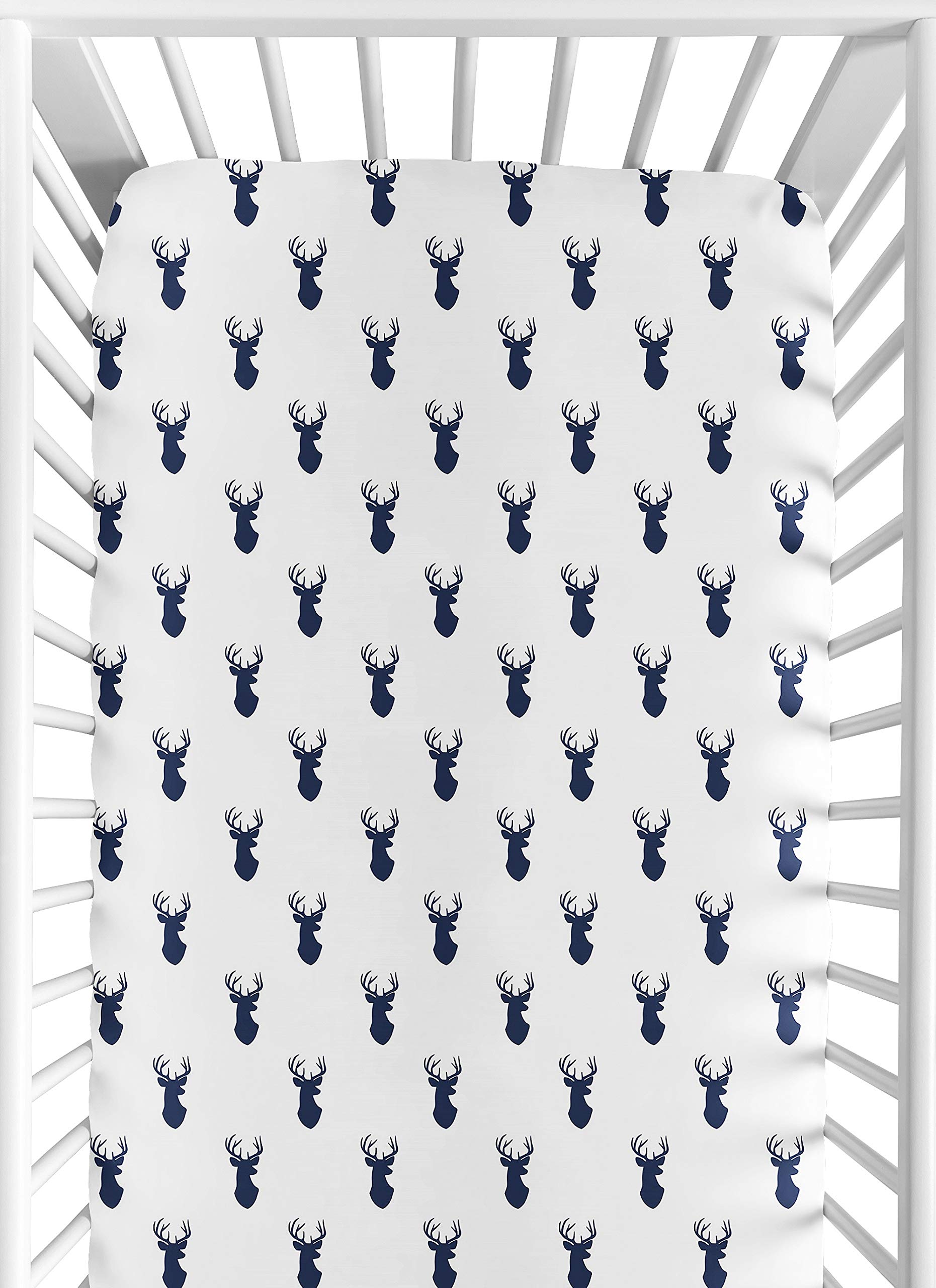 Sweet Jojo Designs Woodland Deer Boy Jersey Stretch Knit Baby Fitted Crib Sheet for Soft Toddler Bed Nursery - Navy Blue and White Forest Animal Stag Antler