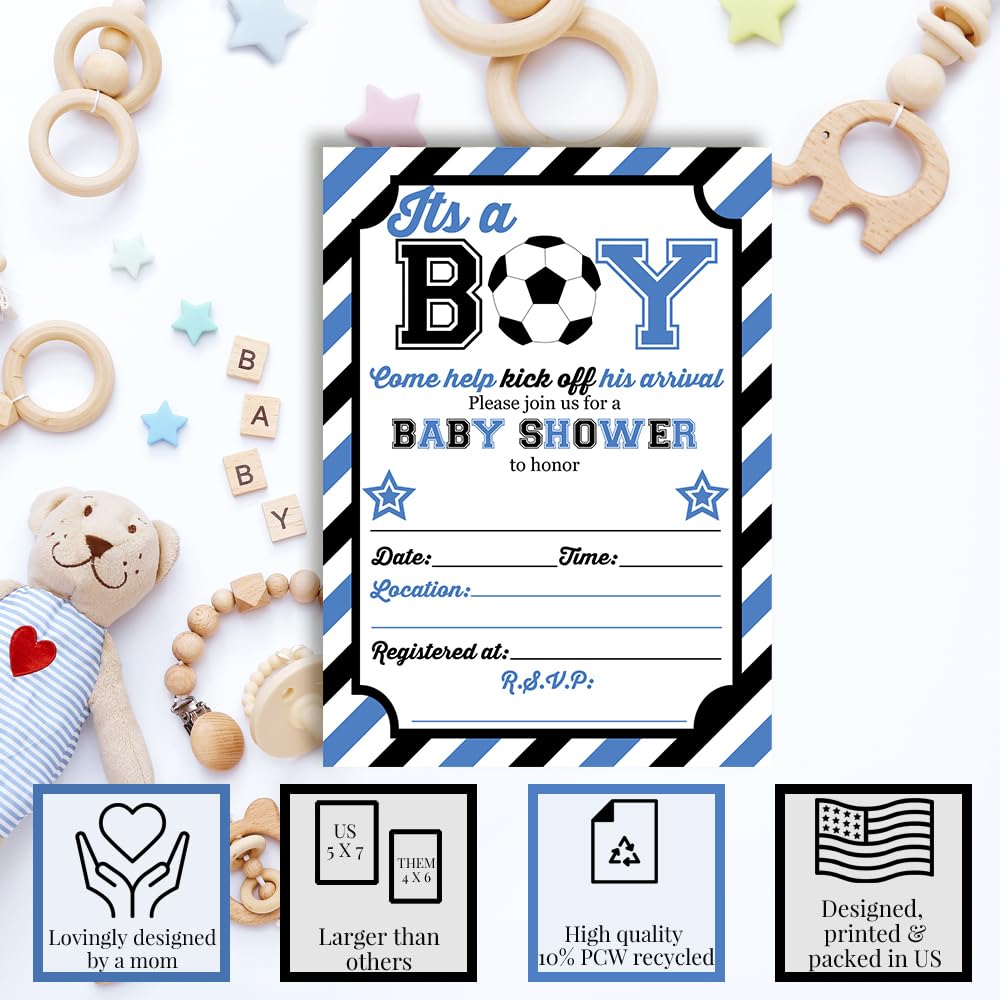 Blue & Black Kick Off His Arrival Soccer Themed Baby Sprinkle Baby Shower Invitations for Boys, 20 5x7 Fill In Cards with Twenty White Envelopes by AmandaCreation