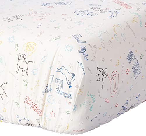 ED Ellen DeGeneres Doodle Dog - 100% Cotton Fitted Crib Sheet, All-Over Doodle Print, Ivory, Royal, Red, Yellow
